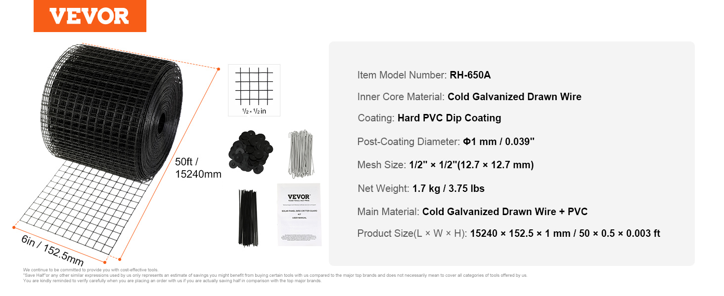 VEVOR 6 inch x 50ft Solar Panel Bird Guard, Critter Guard Roll Kit with ...