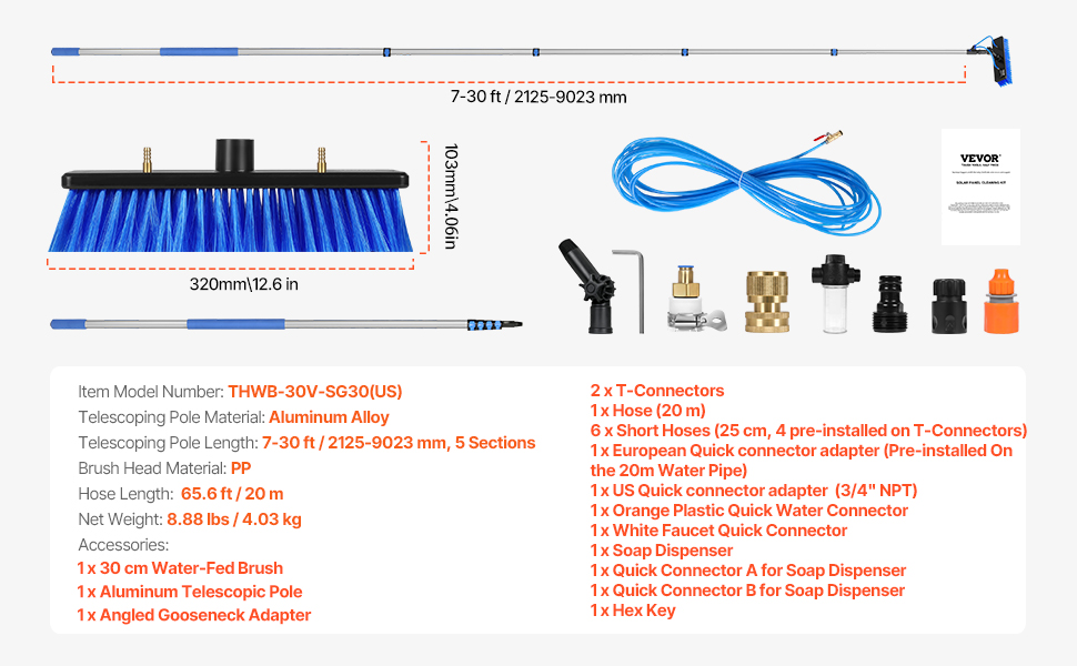 Water Fed Pole Kit 30FT Solar Panel Cleaning Pole 180° Rotatable Brush ...