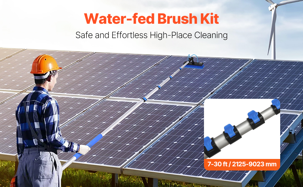 Water Fed Pole Kit 30FT Solar Panel Cleaning Pole 180° Rotatable Brush ...