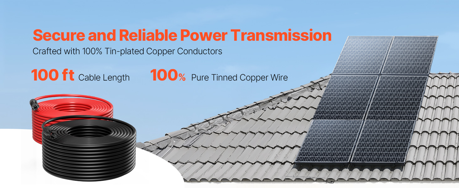 VEVOR 100FT Solar Panel Extension Wire Female & Male Connectors 10AWG ...