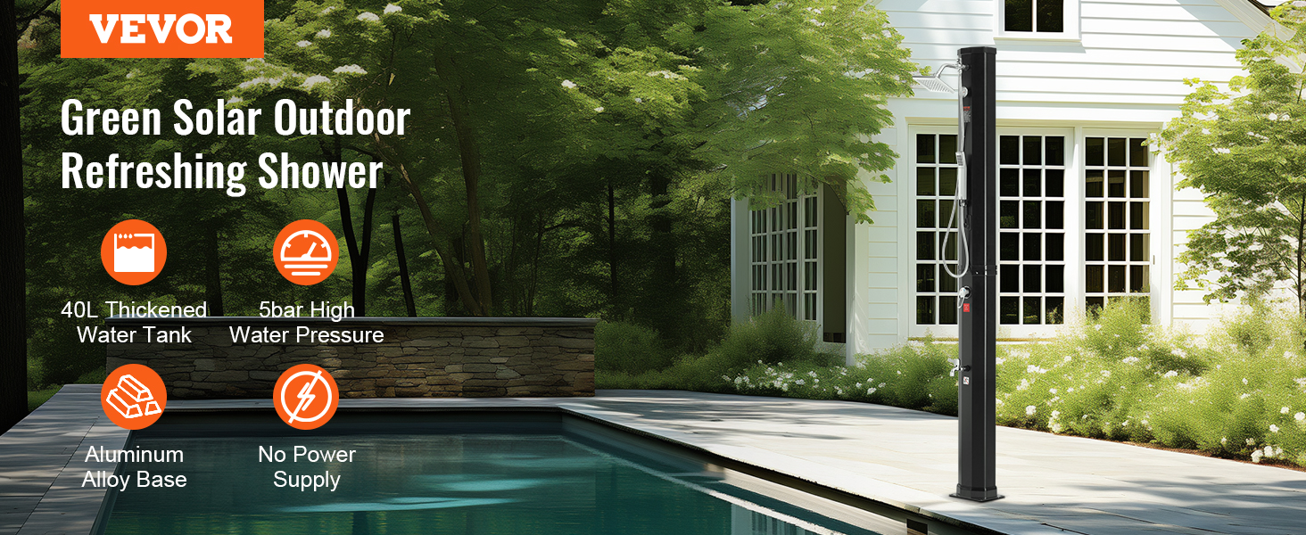 VEVOR Outdoor Solar Heated Shower, 10.57 Gallon Poolside Shower Kit ...