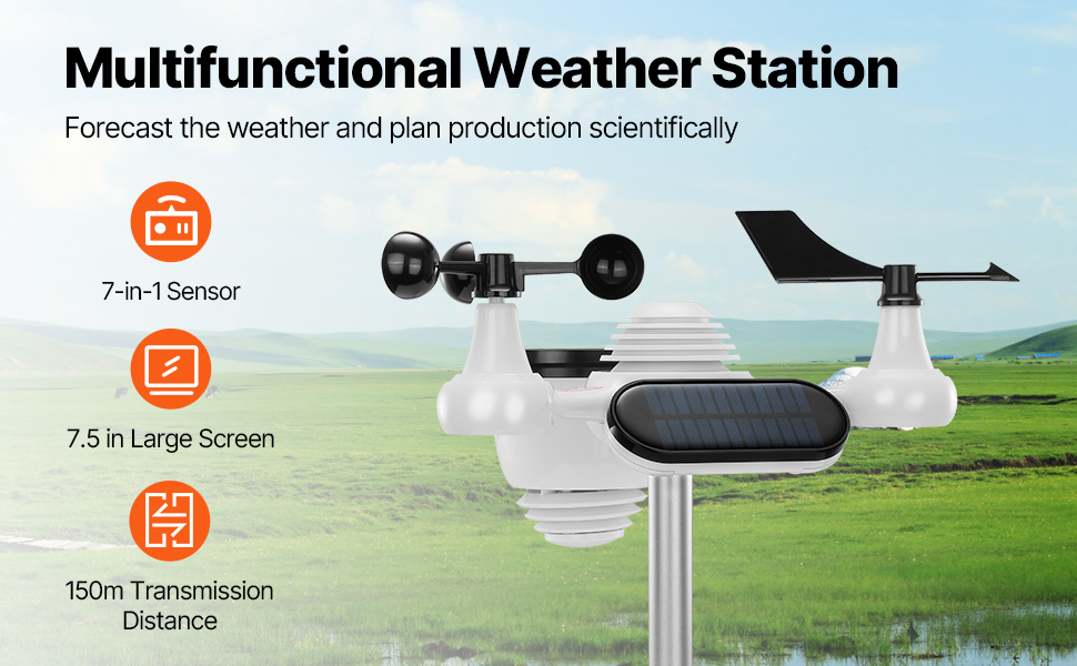 VEVOR 7-in-1 Wireless Weather Station, 7.5 in Large Color Display ...