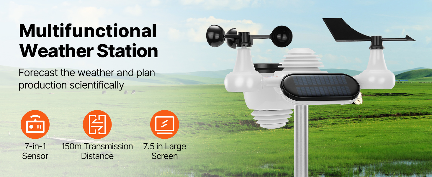 VEVOR 7-in-1 Wireless Weather Station, 7.5 in Large Color Display ...
