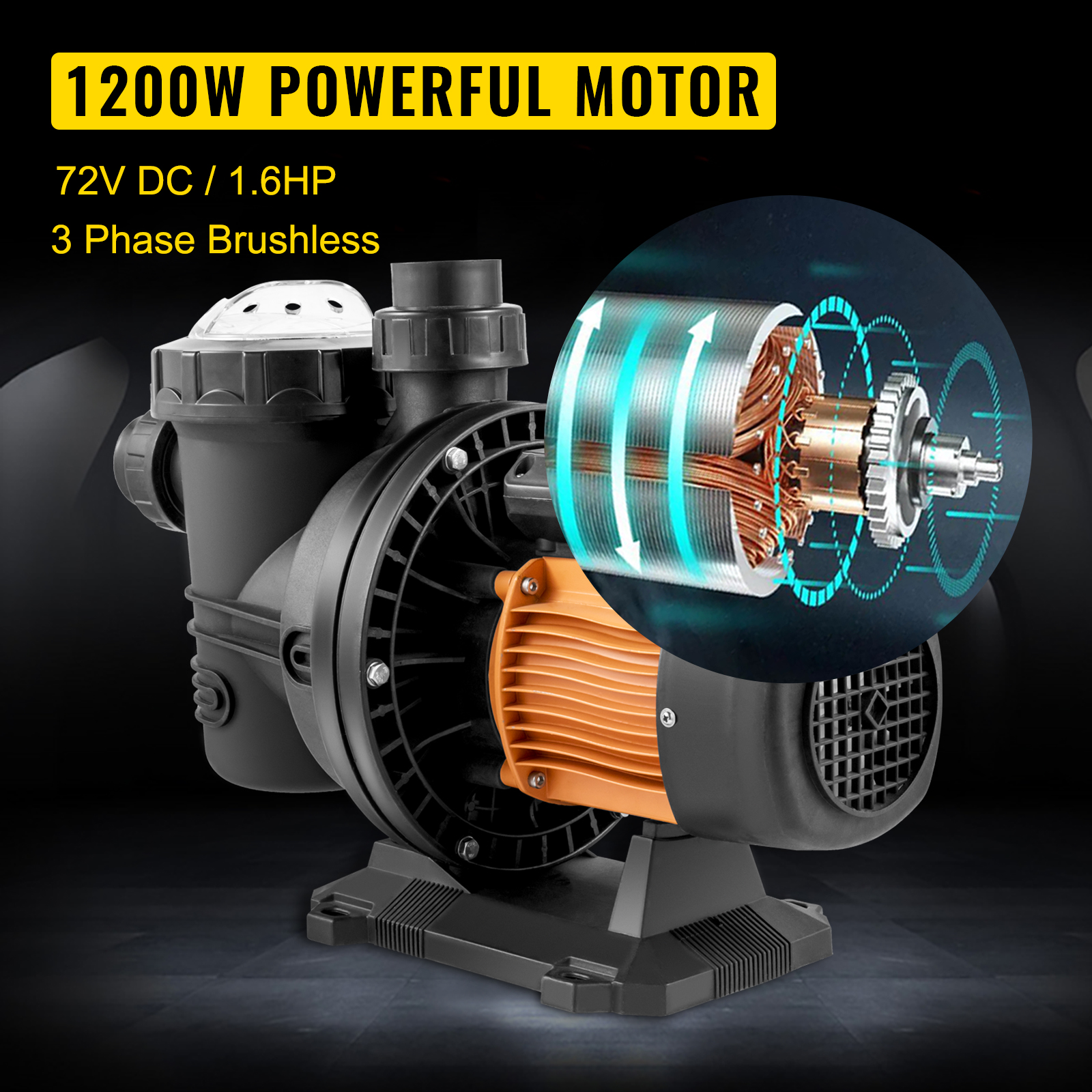 VEVOR Pool Pump Swimming Pool Pump 72V DC/1200W Solar Water Pump 62 FT ...