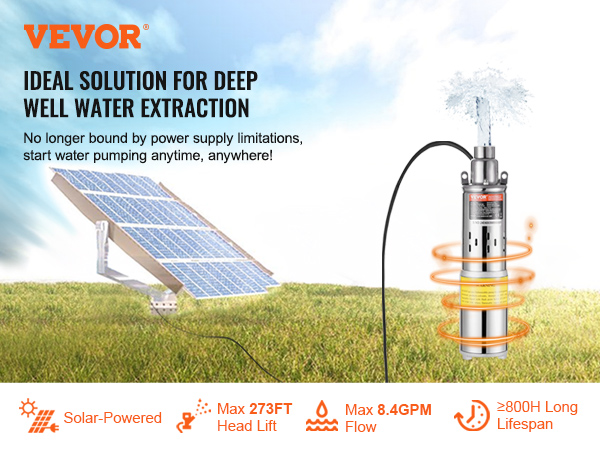 VEVOR Solar Water Pump, 48V DC 369W Submersible Deep Well Pump, Max ...