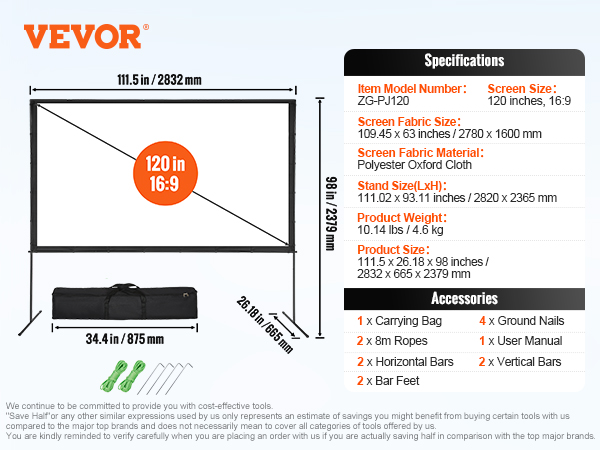 VEVOR Projector Screen with Stand, 120 inch 16:9 4K 1080 HD Outdoor ...