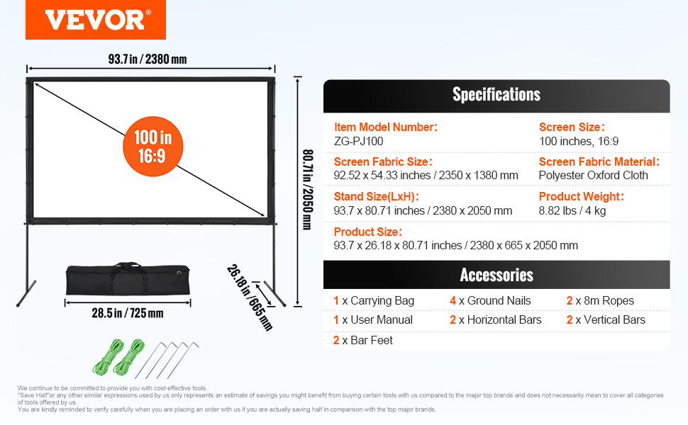 VEVOR Projector Screen with Stand, 100 inch 16:9 4K 1080 HD Outdoor ...