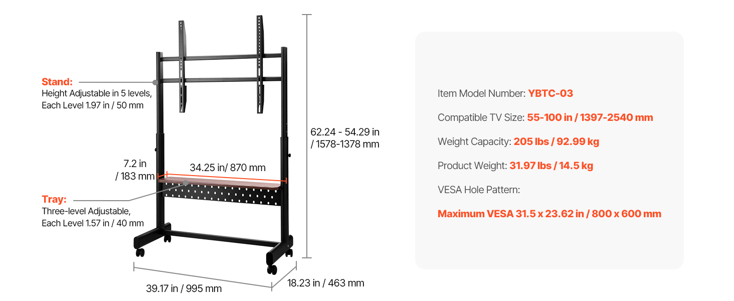 VEVOR Rolling TV Stand Mobile TV Cart Holds Up to 205 lbs for 55-100 ...