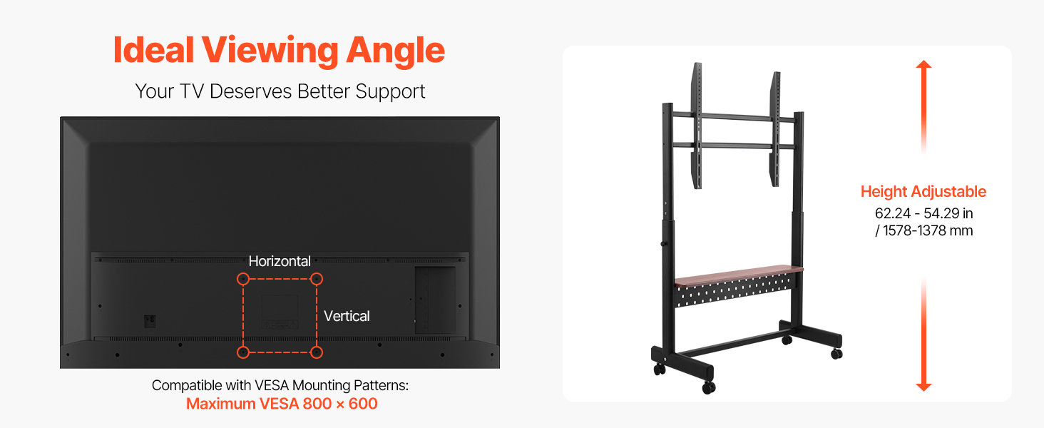 VEVOR Rolling TV Stand Mobile TV Cart Holds Up to 92.99 kg for 55-100 ...