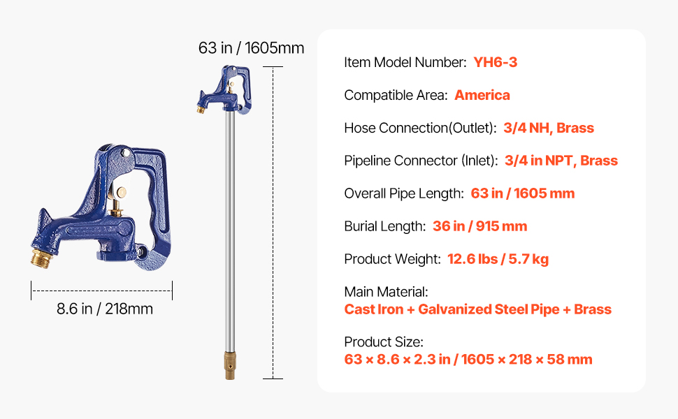 Frost Proof Yard Hydrant 63'' Length 36" Bury Depth Heavy-Duty Cast ...