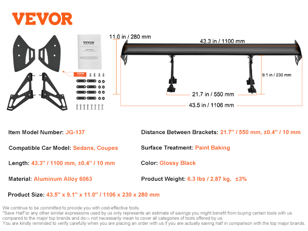 VEVOR GT Wing Car Spoiler, 43.3 inch Universal Spoiler with Single Deck ...