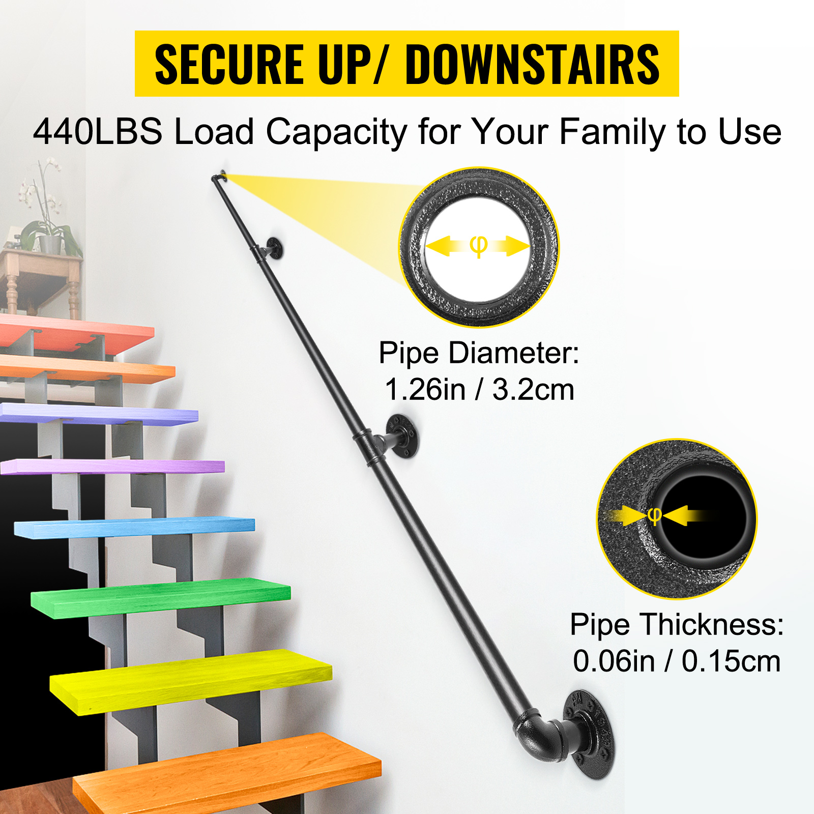 VEVOR Pipe Stair Handrail, 10FT Staircase Handrail, 440LBS Load ...
