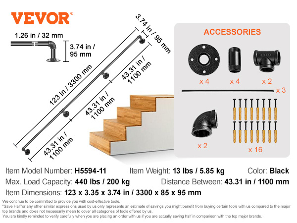 VEVOR Pipe Stair Handrail, 11FT Staircase Handrail, 440LBS Load ...