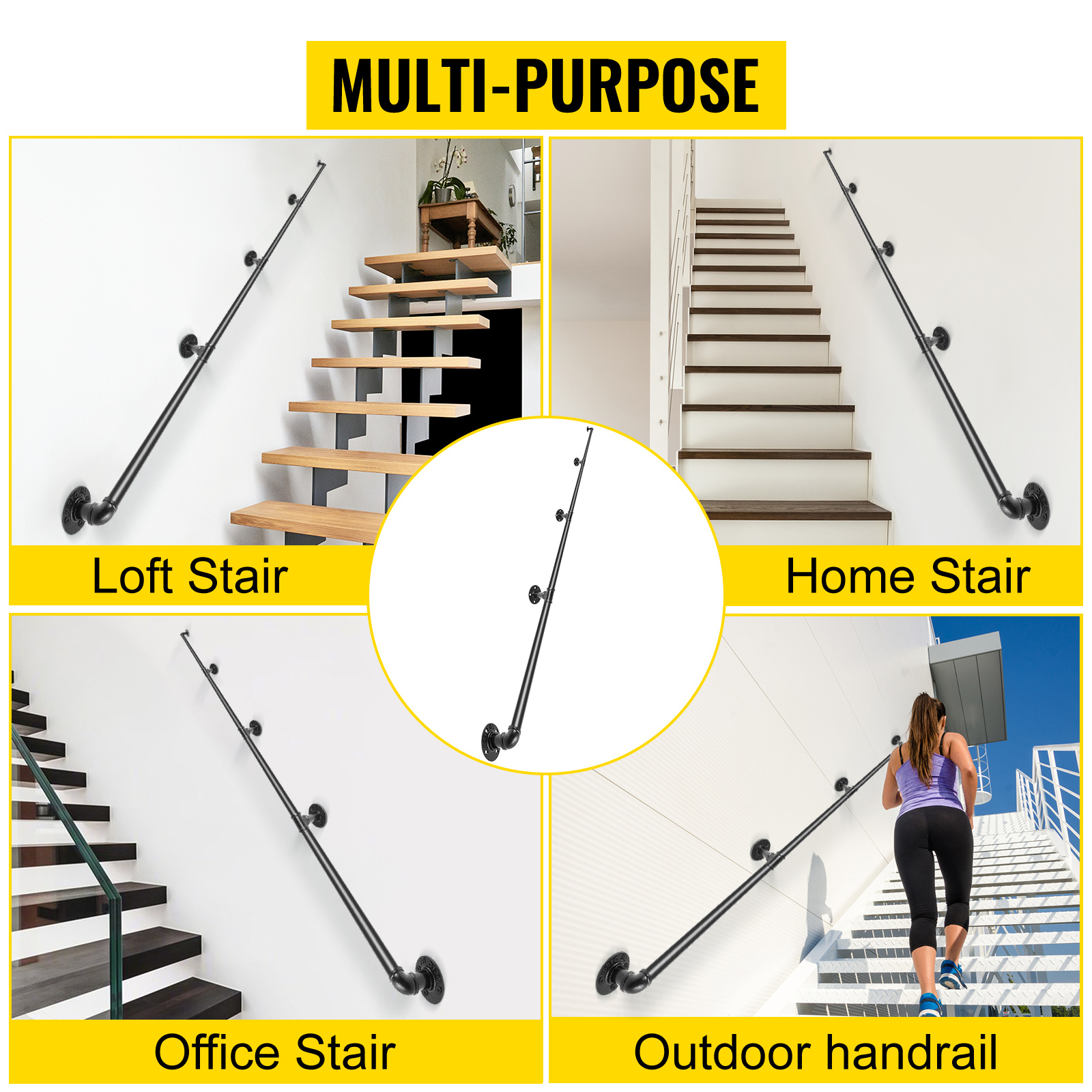 VEVOR Pipe Stair Handrail, 13FT Staircase Handrail, 440LBS Load ...