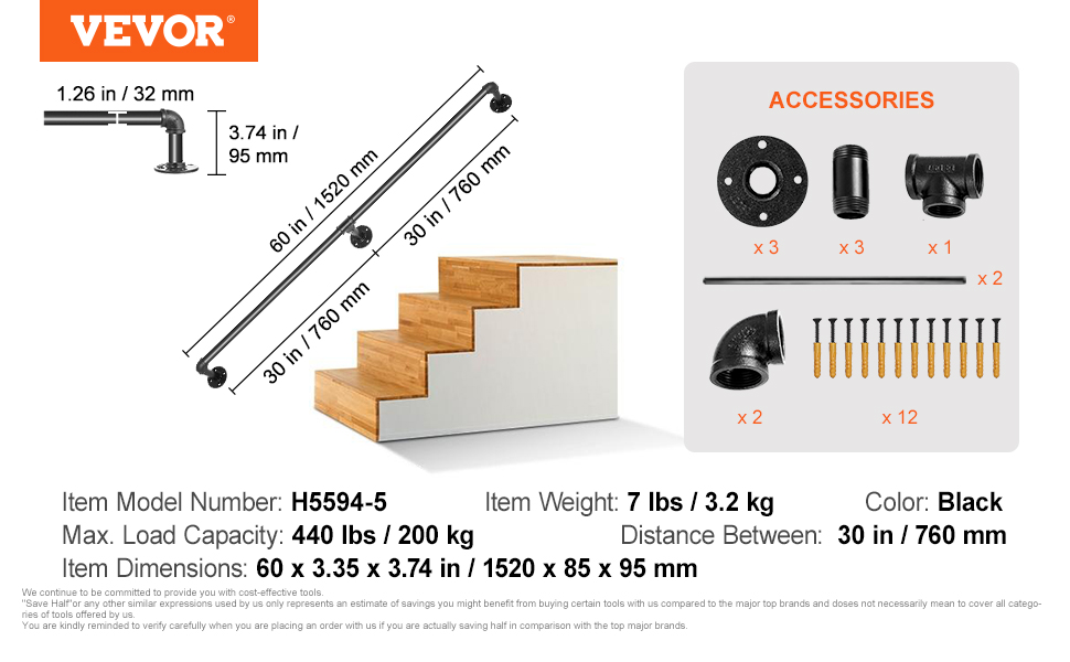 VEVOR Pipe Stair Handrail Staircase Handrail 5 FT Carbon Steel for Wall ...