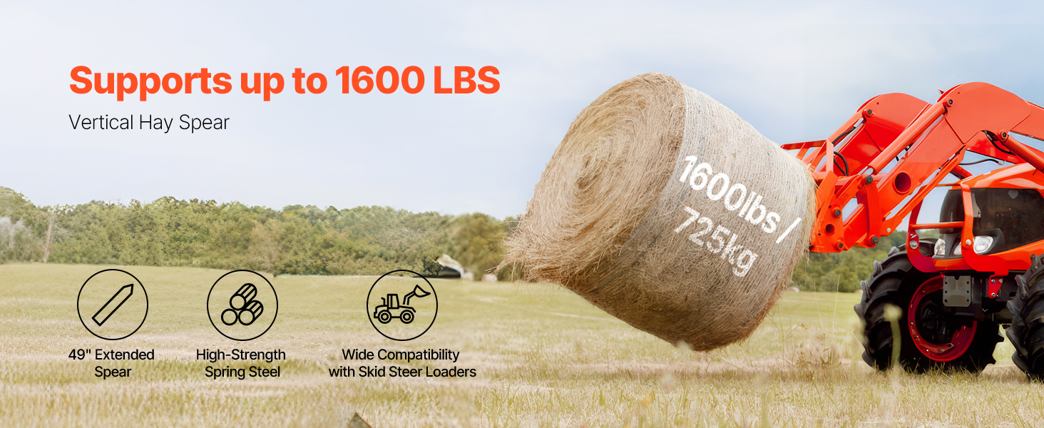 VEVOR 49" Hay Spear, Bale Spears 1600lbs Loading Capacity, Skid Steer ...