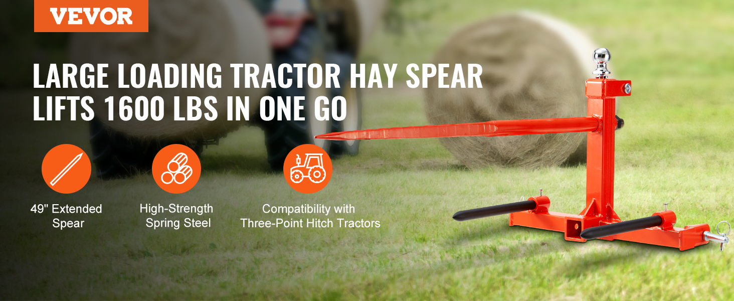 VEVOR 49" Hay Spear, Bale Spears 1600lbs Loading Capacity, Three-Point ...