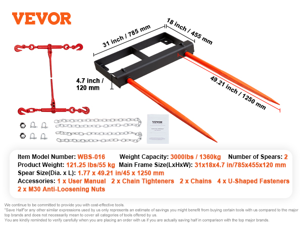 VEVOR 49" Hay Spear, Bale Spears 3000lbs Loading Capacity, Skid Steer ...