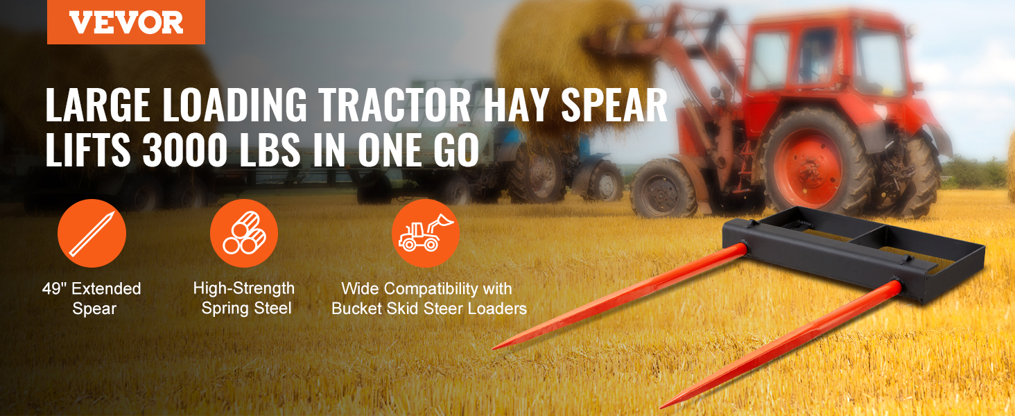 VEVOR 49" Hay Spear, Bale Spears 3000lbs Loading Capacity, Skid Steer ...
