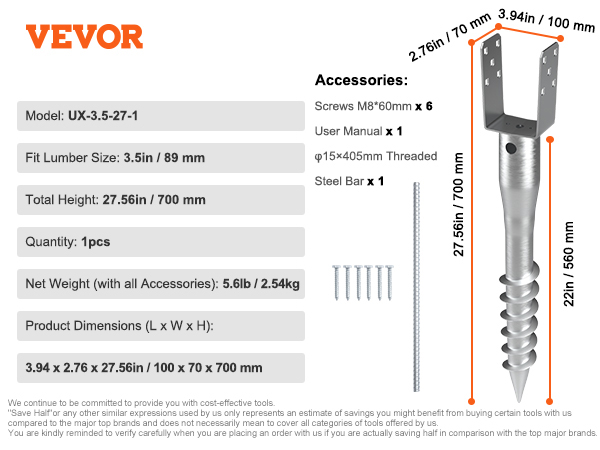 VEVOR No Dig Ground Anchor, 1 Pack 3.94 x 2.76 x 27.56 in DIY Screw in ...