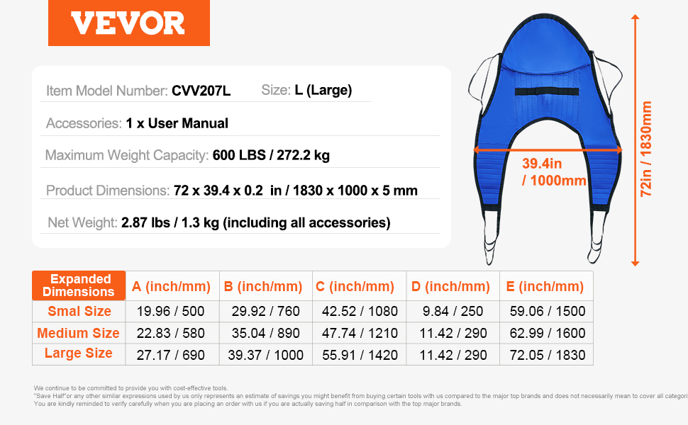 VEVOR Patient Lift Sling with Head Support Large-Size U Shape Divided ...