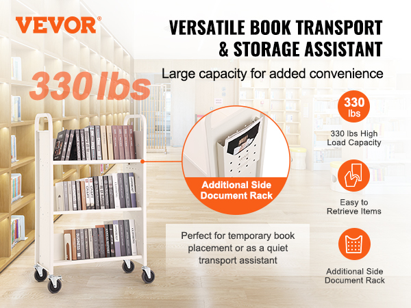 VEVOR Book Cart, 330 lbs Library Cart, 31.1" x 15.2" x 49.2" Rolling ...