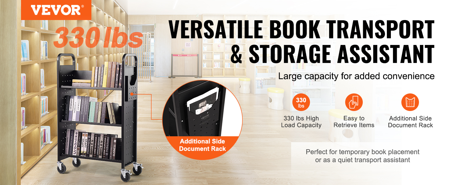 VEVOR Book Cart, 330 lbs Library Cart, 31.1" x 15.2" x 49.2" Rolling ...