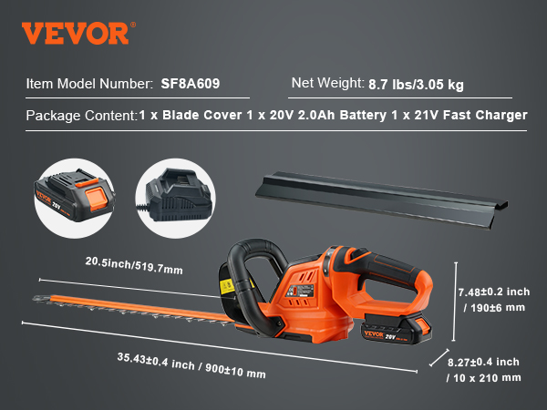 VEVOR 20V Cordless Hedge Trimmer, 18 inch Double-edged Steel Blade, Hedge Trimmer Kit 20V ...