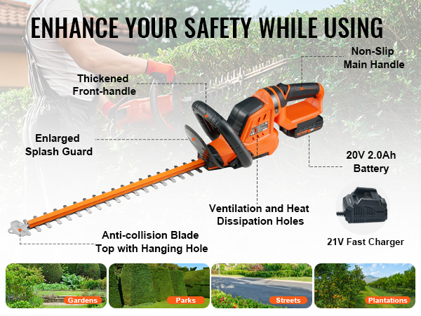 VEVOR 20V Cordless Hedge Trimmer, 18 inch Double-edged Steel Blade, Hedge Trimmer Kit 20V ...