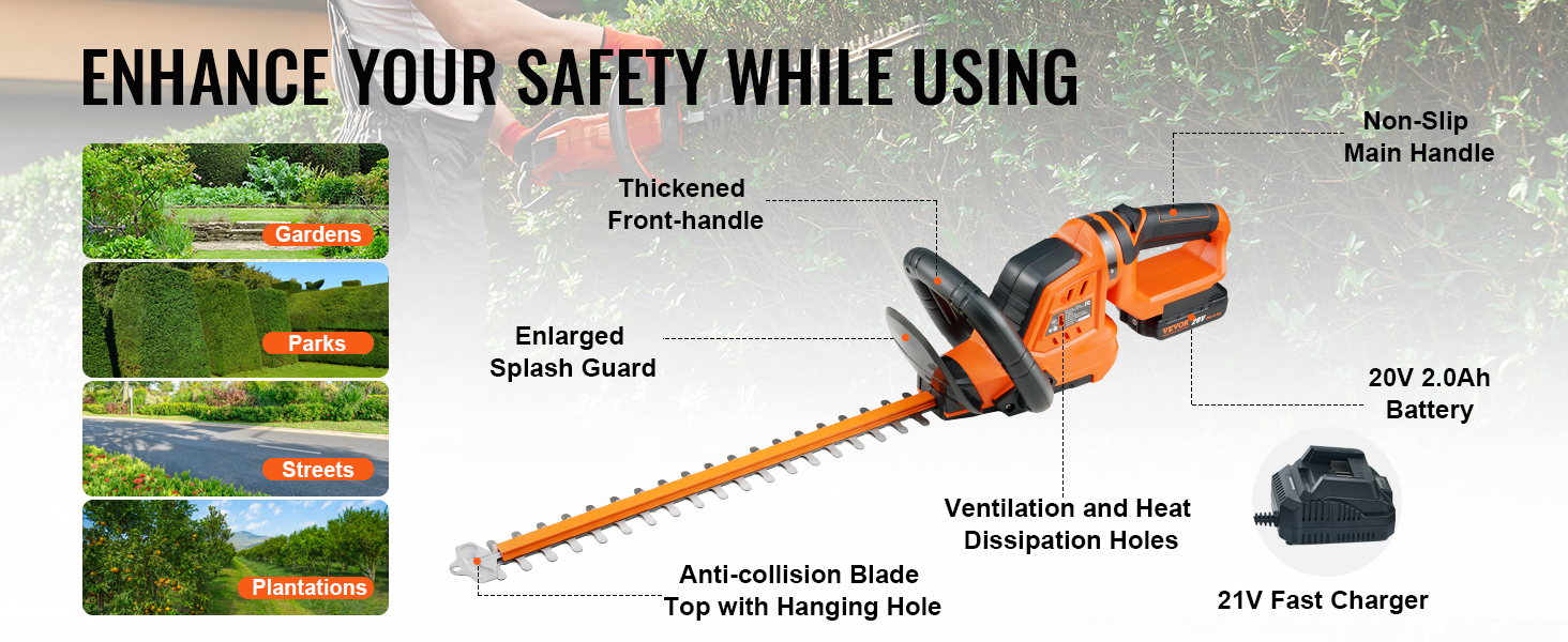 VEVOR 20V Cordless Hedge Trimmer, 18 inch Double-edged Steel Blade, Hedge Trimmer Kit 20V ...