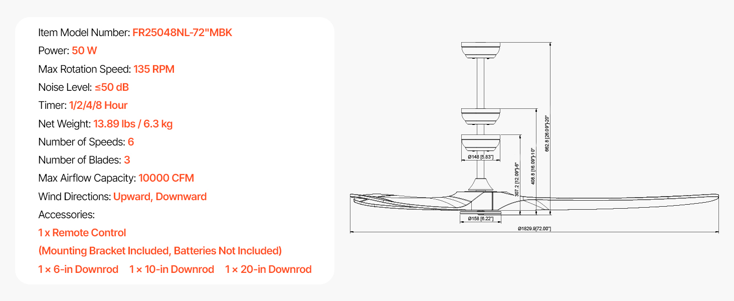 VEVOR 72 Inch Ceiling Fan without Light, 6-Speed Remote Control, 3-Wood ...