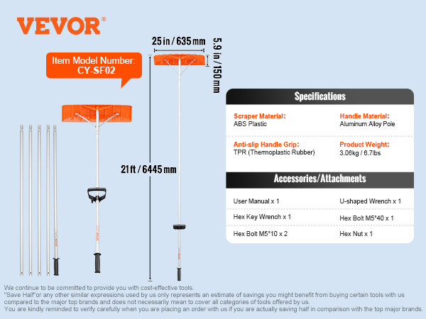 VEVOR Snow Roof Rake, 25" Plastic Blade Snow Removal Tool, 21ft Reach ...