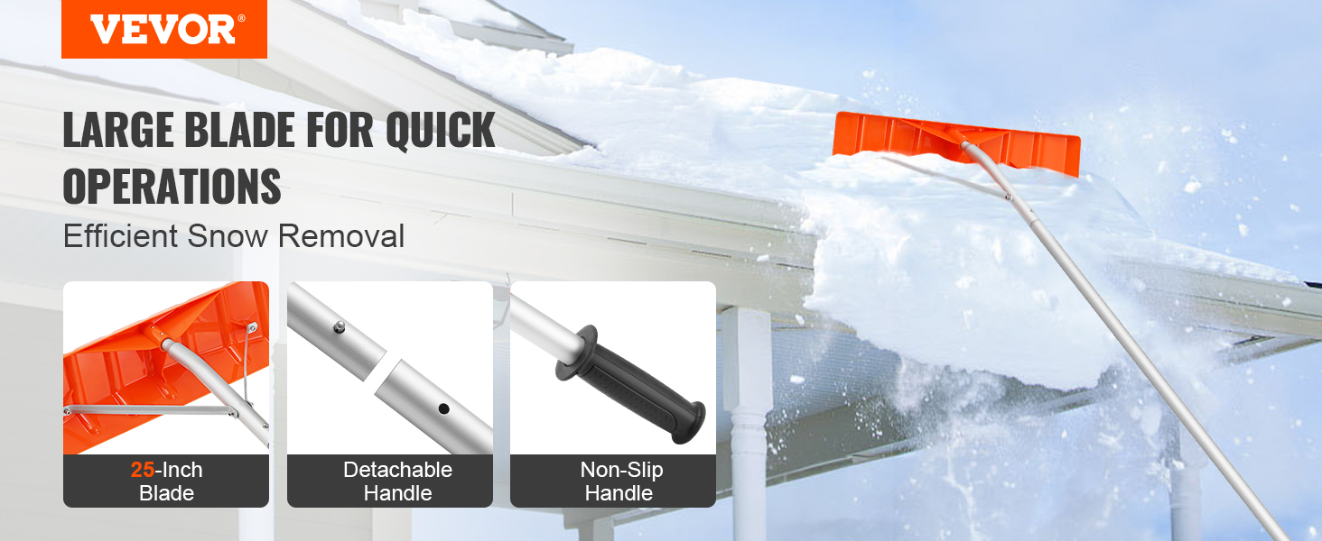VEVOR Snow Roof Rake, 25" Plastic Blade Snow Removal Tool, 21ft Reach ...