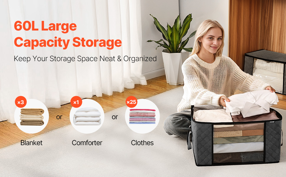 6 Packs 60L Oversized Blanket Storage Bags Sturdy Fabric Clothes ...