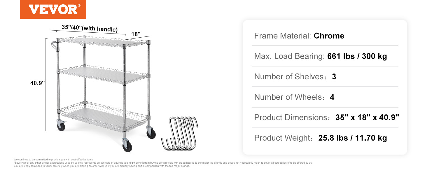 VEVOR 3-Tier Utility Cart Rolling Cart on Wheels 40.5"x17.7"x40.9" 661 ...