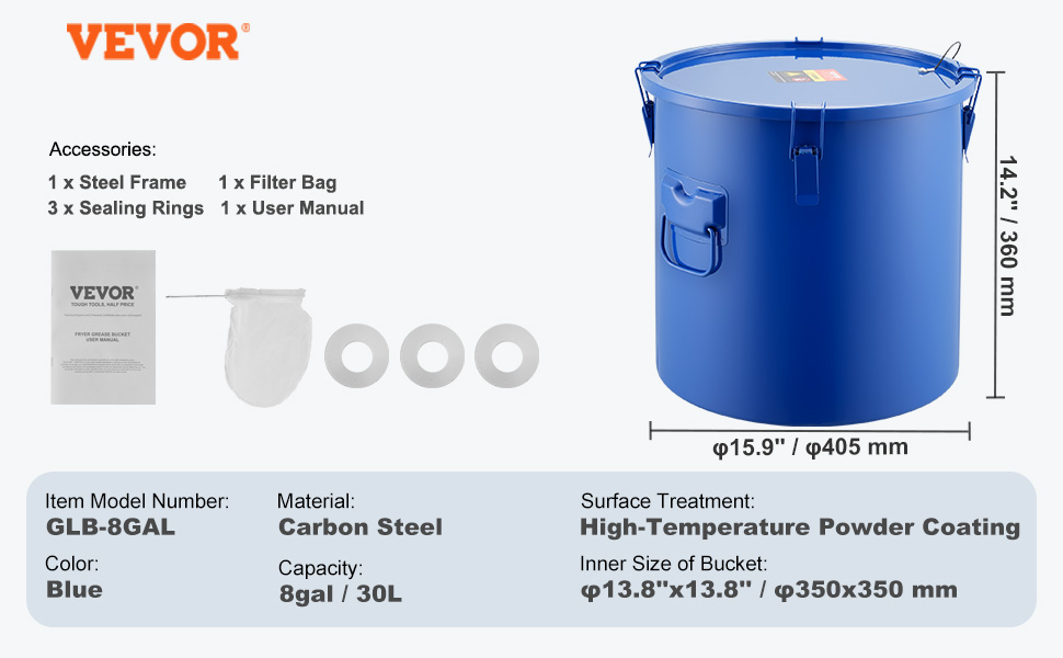 VEVOR Fryer Grease Bucket, 8 Gal Oil Disposal Caddy Carbon Steel Fryer ...
