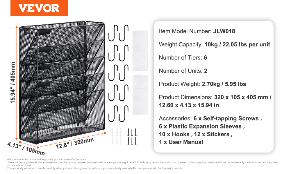 VEVOR Hanging Wall Files Organizer, 2-Piece 6 Pocket Vertical Wall File ...