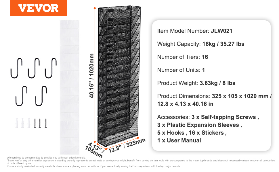 VEVOR File Wall Rack Mesh Wall File Holder 1-Piece 16 Pockets for ...