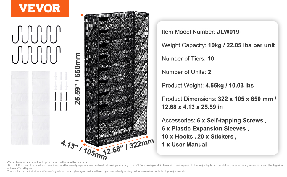 VEVOR File Wall Rack, Two-Piece 10 Pockets Mesh Wall File Holder, Wall ...