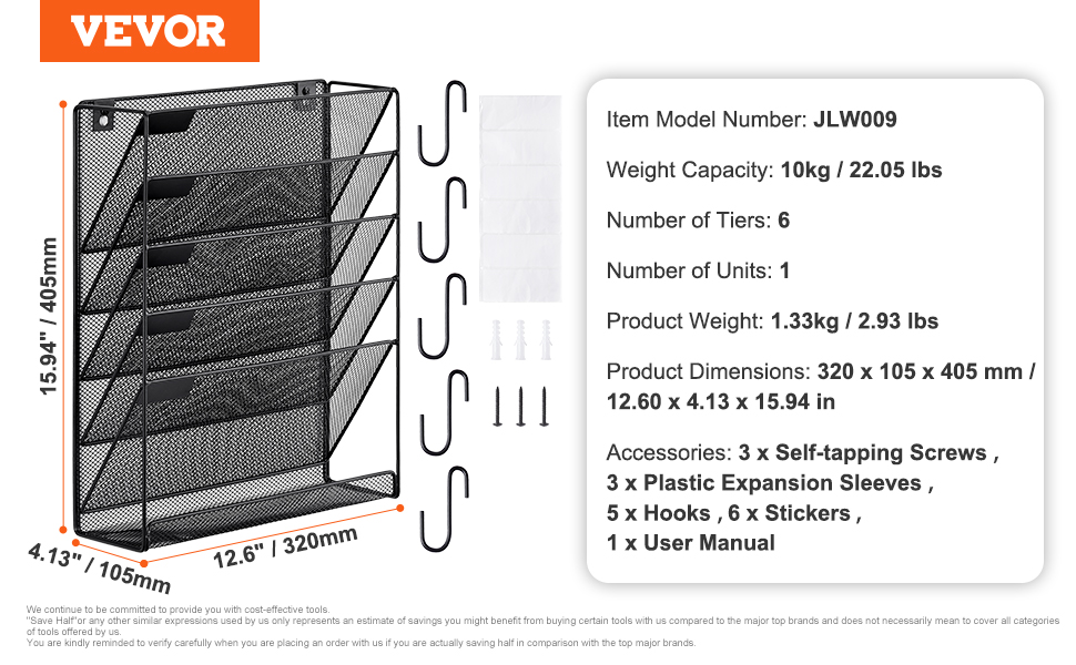 VEVOR File Wall Rack Mesh Wall File Holder 1-Piece 6 Pockets for Office ...
