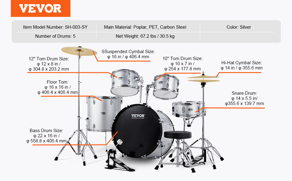 VEVOR Adult Drum Set, 5-Piece, 22 inches Complete Full Size Drum Kit ...