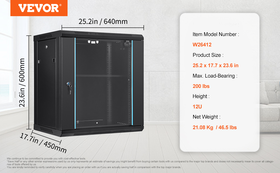 VEVOR 12U Wall Mount Network Server Cabinet, 15.5'' Deep, Server Rack ...