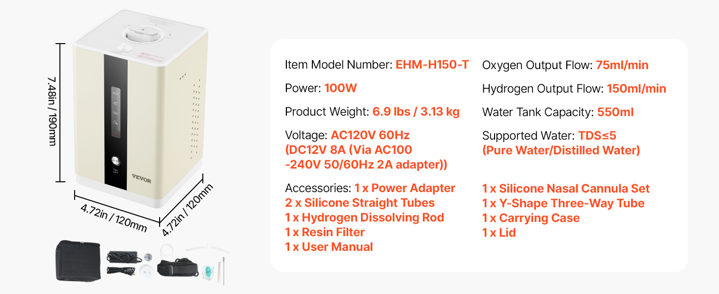 VEVOR Hydrogen Inhalation Machine 99.99% High Purity 225ml/min Portable ...