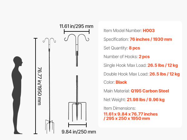 Double Shepherds Hook 8 Pack 76 Inch Heavy Duty Bird Feeder Pole | VEVOR US