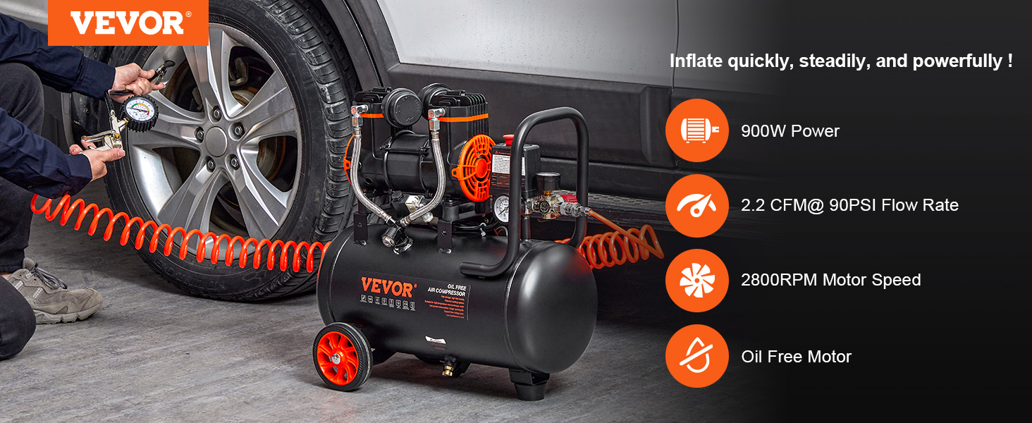 VEVOR Air Compressor 4.8 Gallon 900W 2.2 CFM@ 90PSI 70 dB Ultra Quiet ...