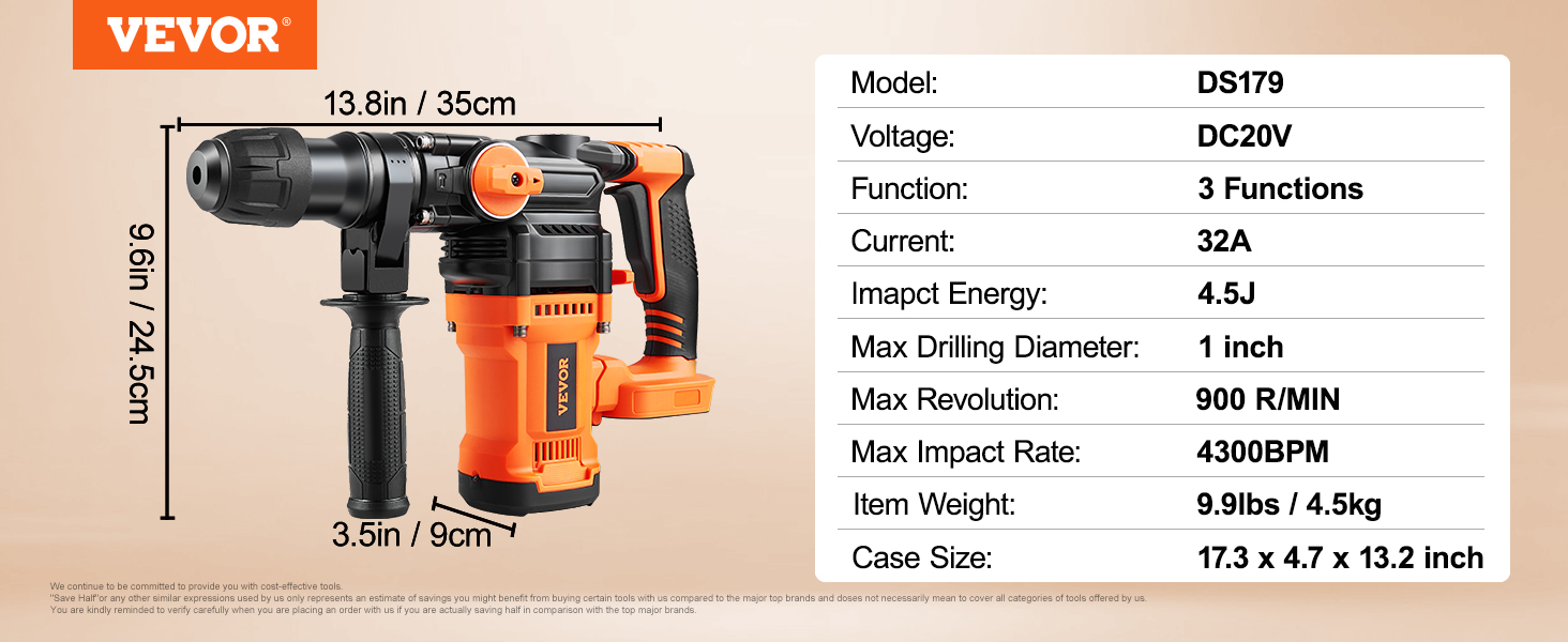 VEVOR Rotary Hammer Drill Cordless Drills 1" 3 Modes SDS-Plus Chipping ...