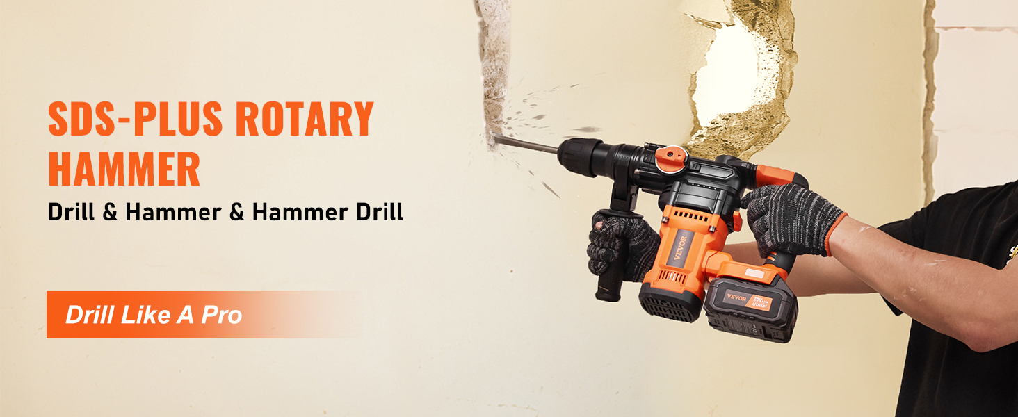 VEVOR Rotary Hammer Drill Cordless Drills 1" 3 Modes SDS-Plus Chipping ...