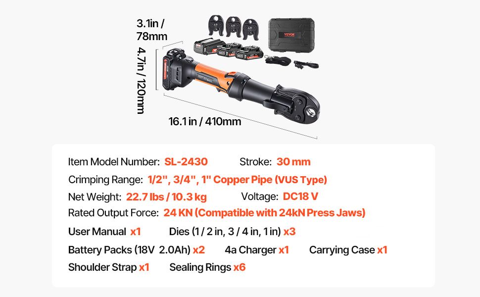 VEVOR Pro Press Tool Pipe Crimping Kit Press Tool Battery Kit 1/2" 3/4 ...