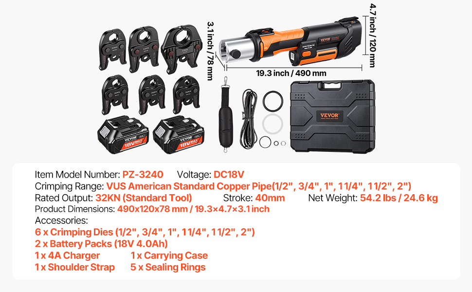 VEVOR Pro Press Tool Pipe Crimping Kit Press Tool Battery Kit with 6 ...