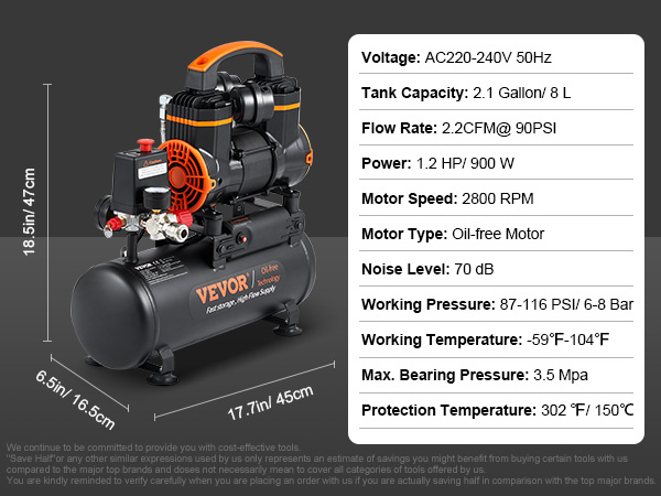 VEVOR Air Compressor 2.1 Gallon 900W 2.2 CFM@ 90PSI 70 dB Ultra Quiet ...